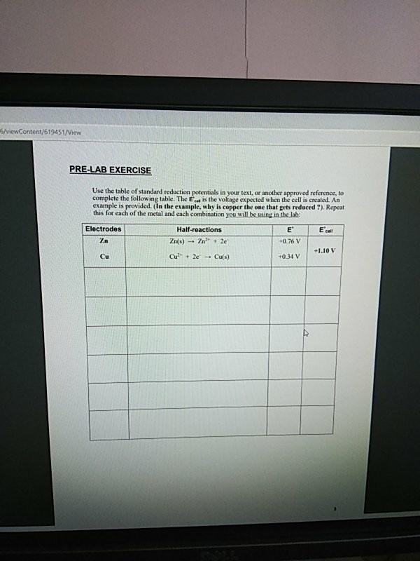 Solved 19451/View PRE-LAB EXERCISE Use the table of standard | Chegg.com