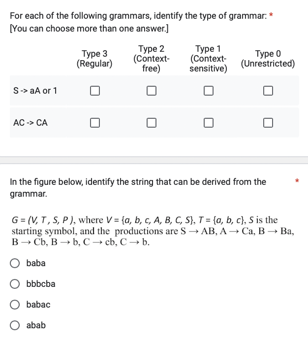 Solved For each of the following grammars, identify the type | Chegg.com