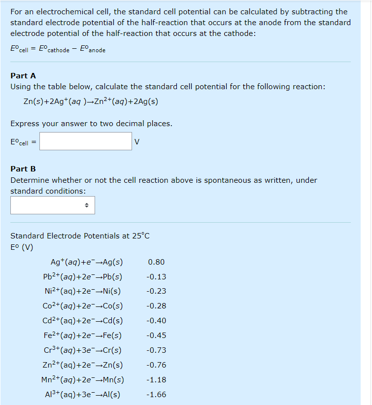 Solved For an electrochemical cell, the standard cell | Chegg.com