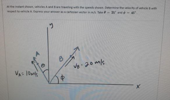 Solved At the instant shown, vehicles A and B are traveling | Chegg.com