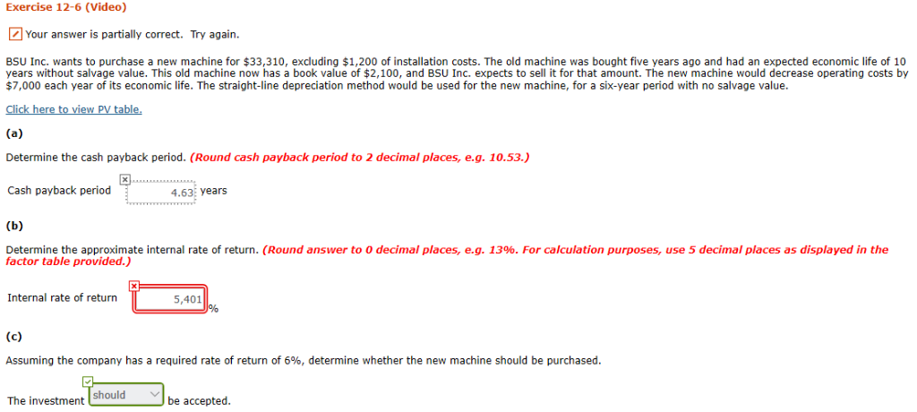Solved Exercise 12-6 (Video) Your answer is partially | Chegg.com