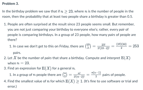 Solved Problem 3. In the birthday problem we saw that if n > | Chegg.com