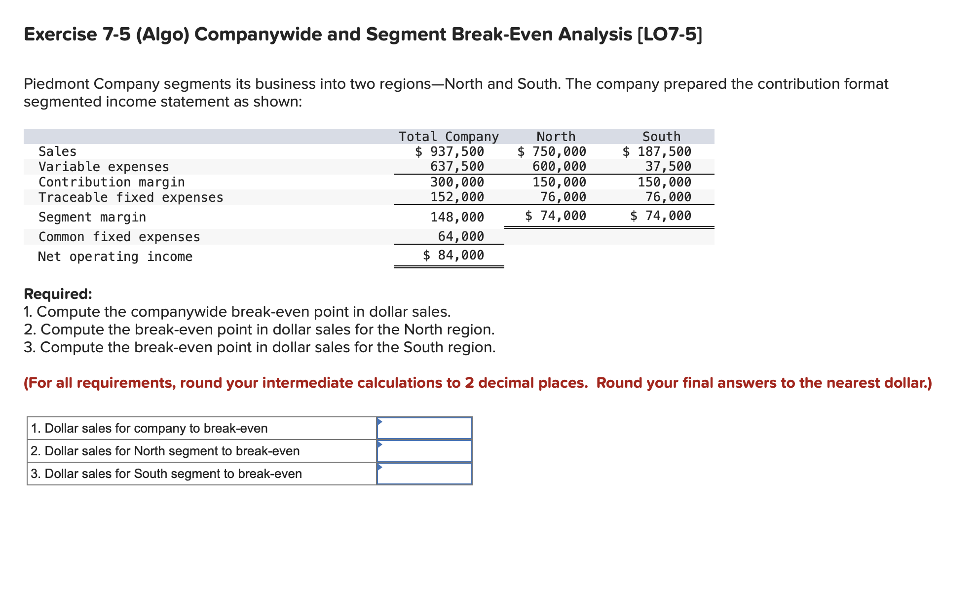Solved Exercise 7-5 (Algo) Companywide and Segment | Chegg.com