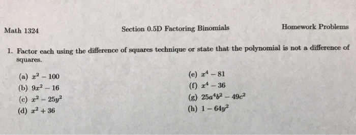 Solved Math 1324 Section 0.5D Factoring Binomials Homework | Chegg.com