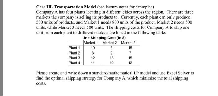 Solved Case III. Transportation Model (see lecture notes for | Chegg.com