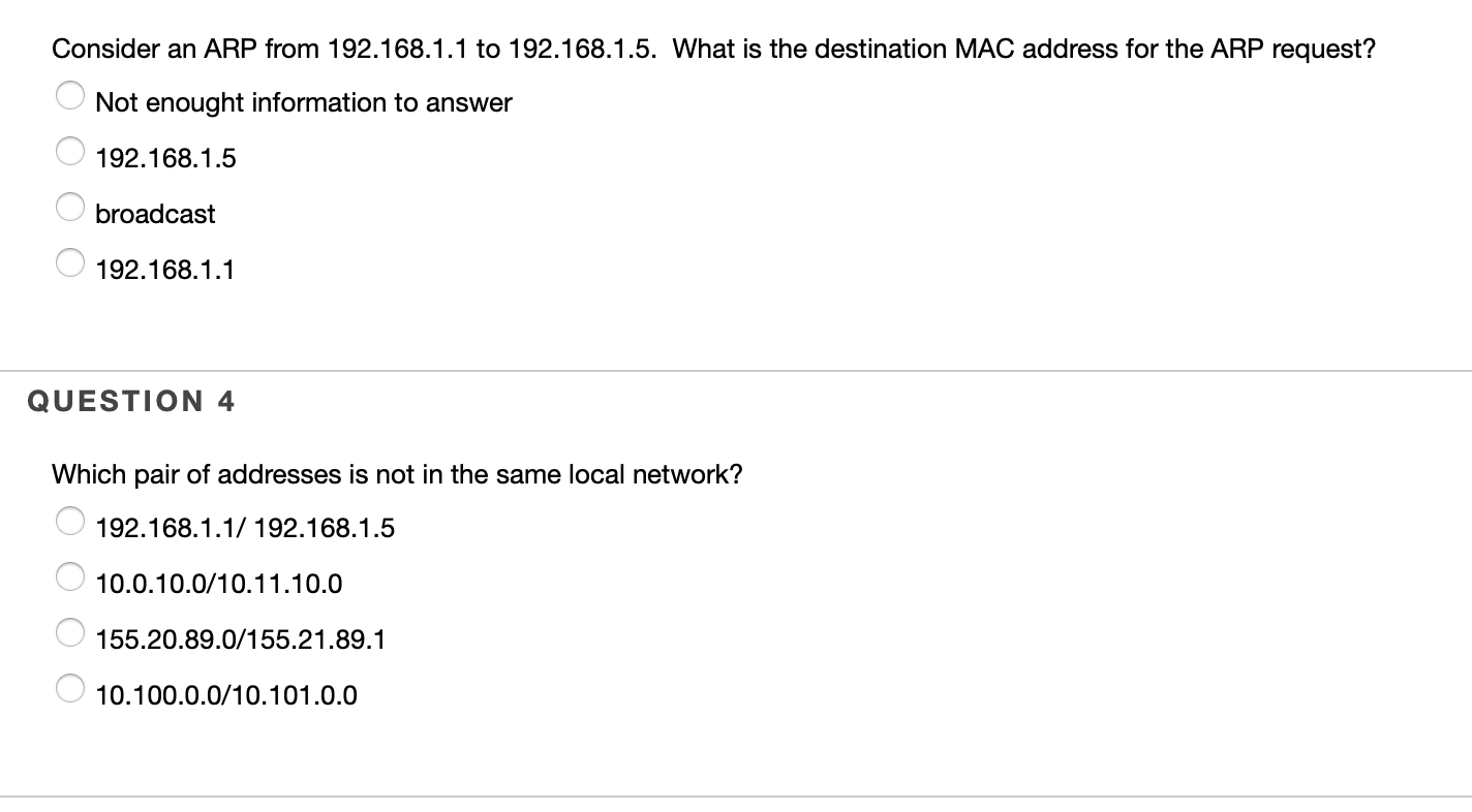 Solved Consider an ARP from 192.168.1.1 to 192.168.1.5. What | Chegg.com