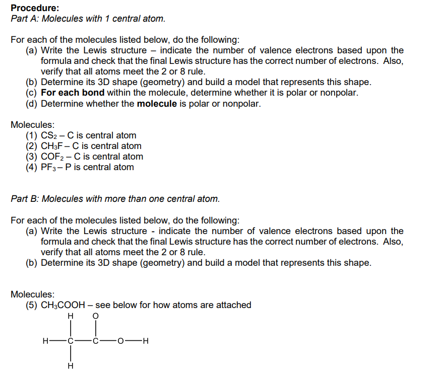 Solved Procedure: Part A: Molecules with 1 central atom. For | Chegg.com