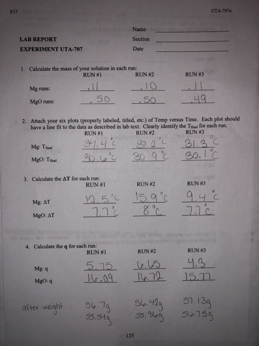 Solved F17 UTA-707e Name Section Date LAB REPORT EXPERIMENT | Chegg.com