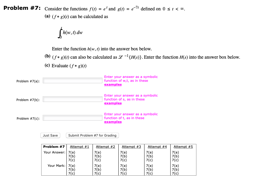 Solved Problem #7: Consider the functions f(t) = e' and g(t) | Chegg.com