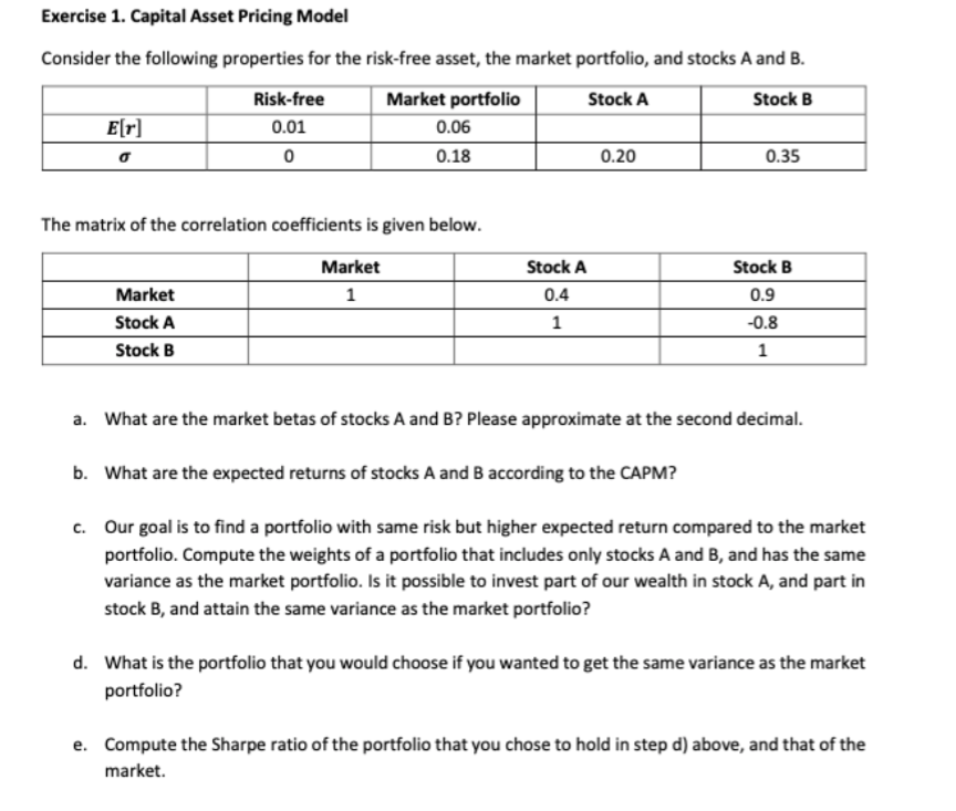 Solved Exercise 1. Capital Asset Pricing Model Consider the | Chegg.com