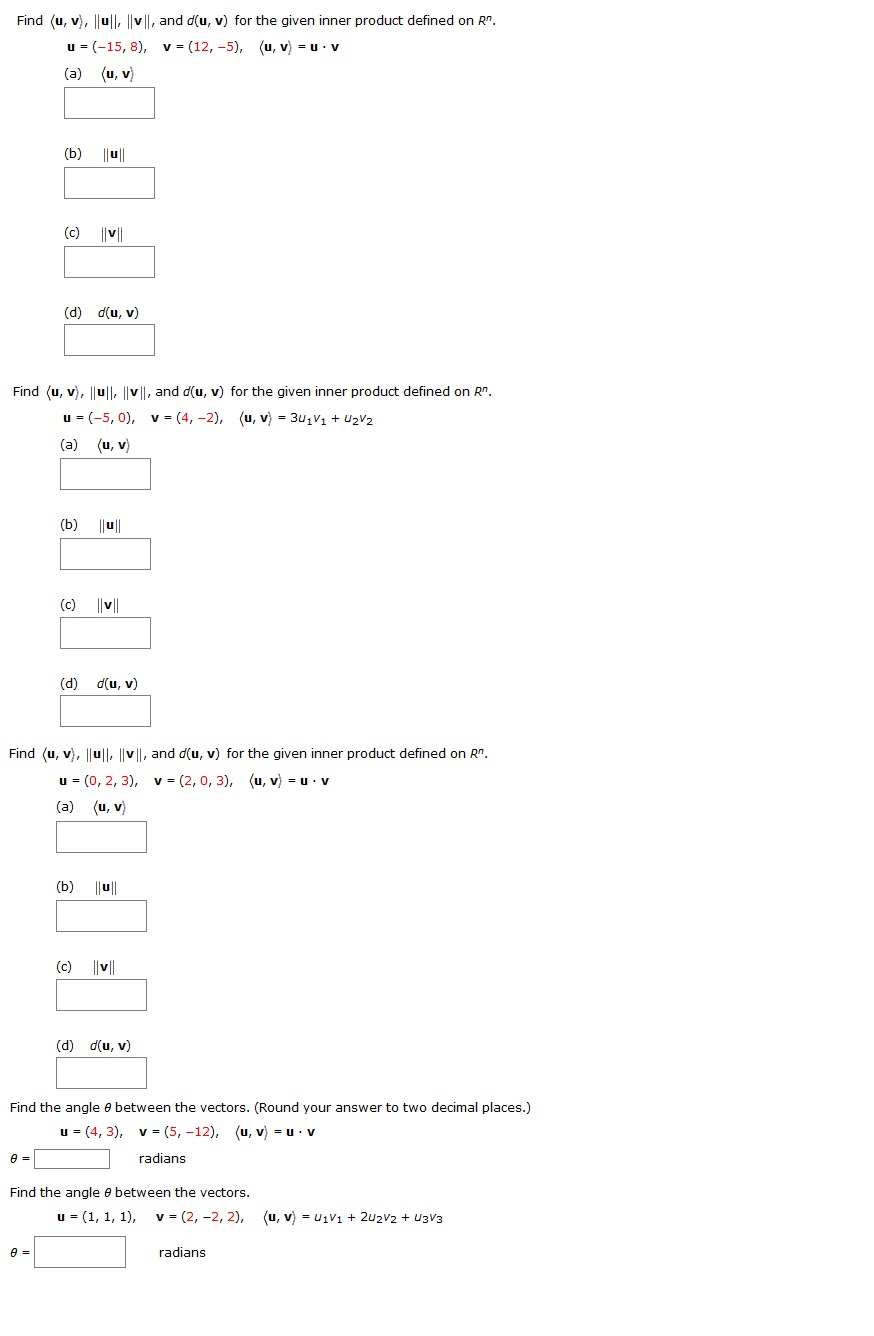 Solved Find (u, v), U, V, and d(u, v) for the given inner | Chegg.com