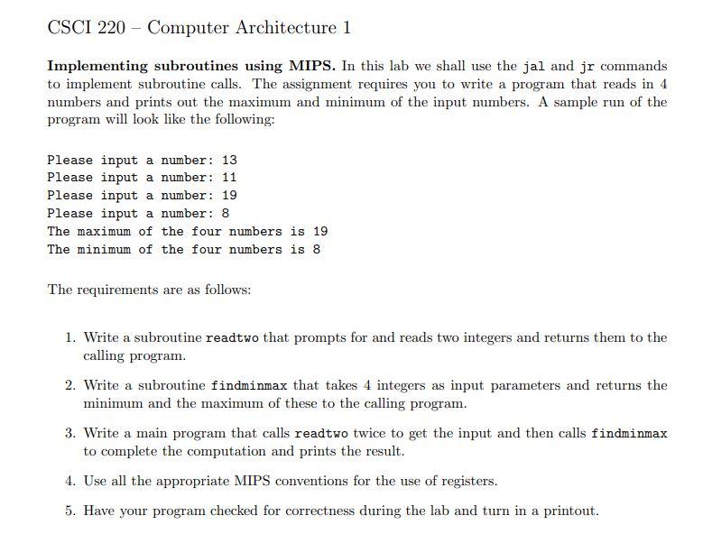 Solved CSCI 220 - Computer Architecture 1 Implementing | Chegg.com