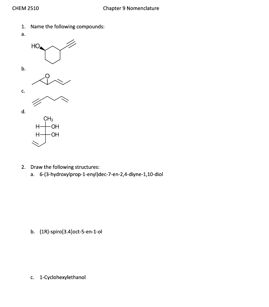 Solved CHEM 2510 Chapter 9 Nomenclature 1. Name the | Chegg.com