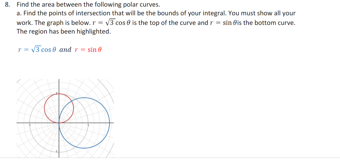 [Solved]: 8. Find the area between the following polar cur