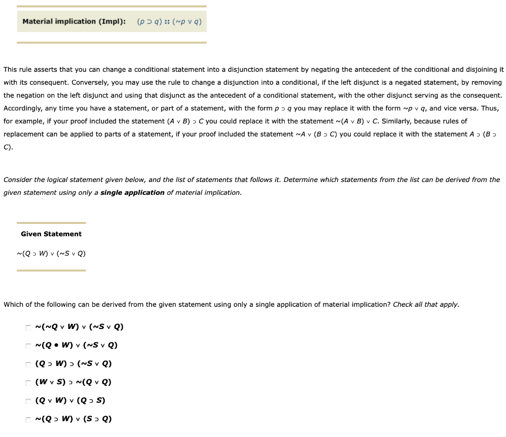 Solved Material implication (Impl): (p 9) (ep v ) This rule | Chegg.com