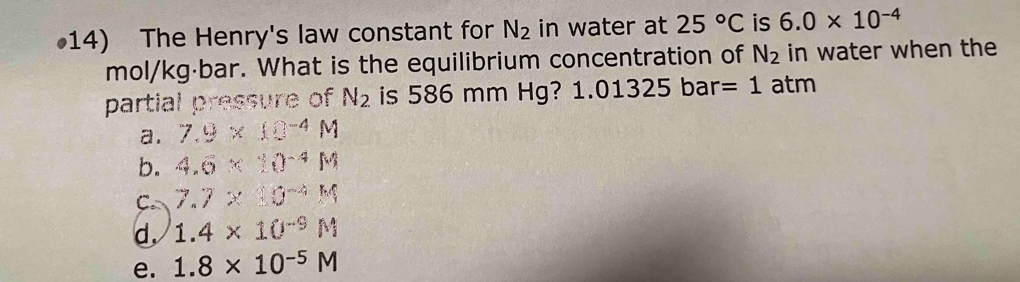 Solved 14) The Henry's law constant for N2 in water at 25∘C | Chegg.com