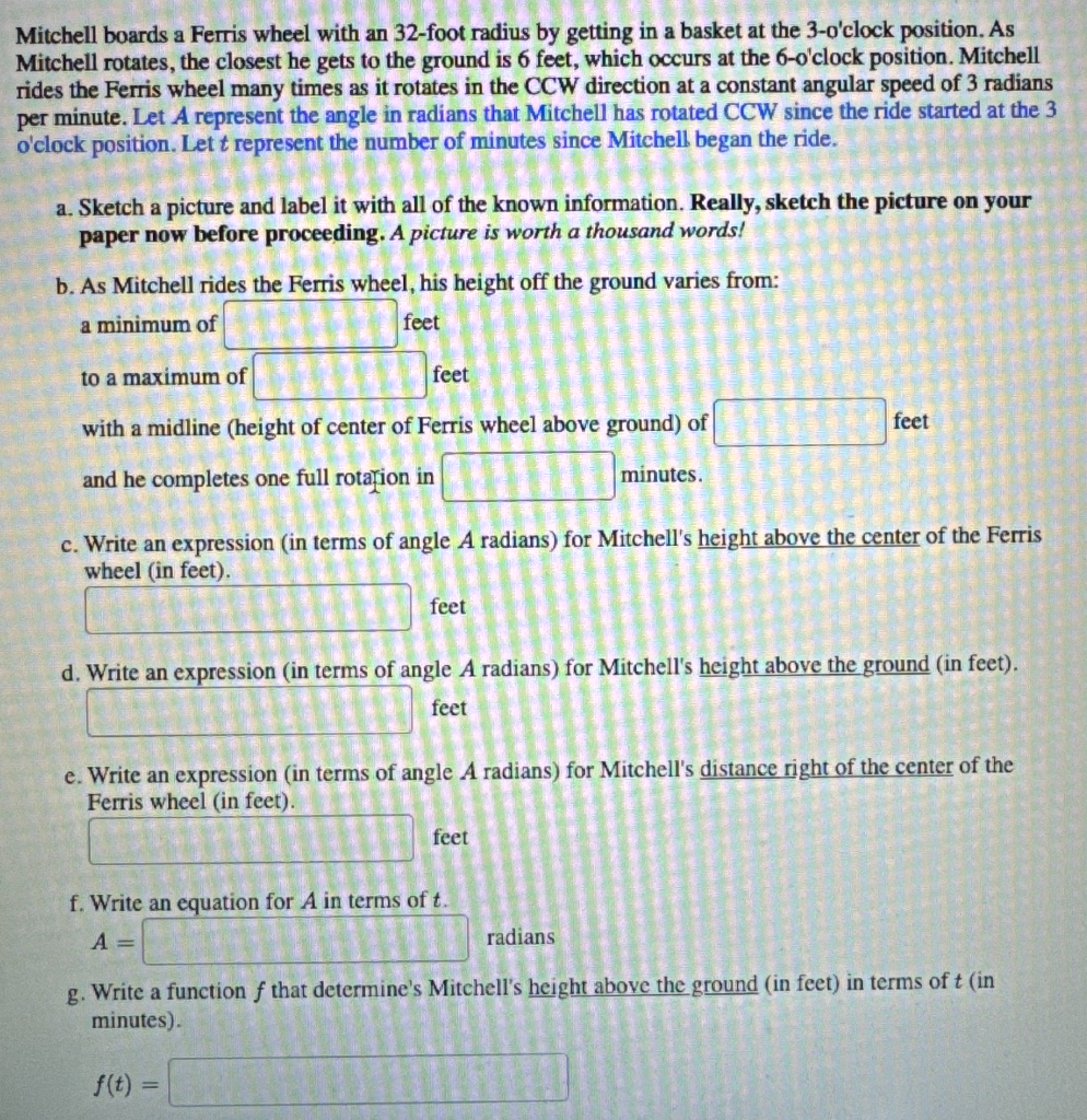 Solved Mitchell boards a Ferris wheel with an 32 -foot | Chegg.com