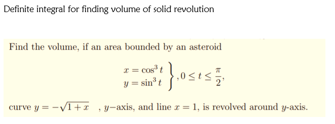 Solved Definite integral for finding volume of solid | Chegg.com