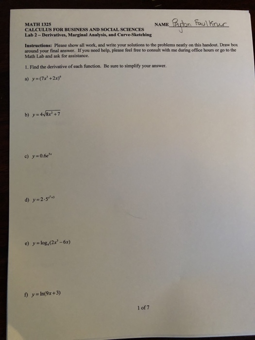 Solved NAME MATH 1325 CALCULUS FOR BUSINESS AND SOCIAL | Chegg.com