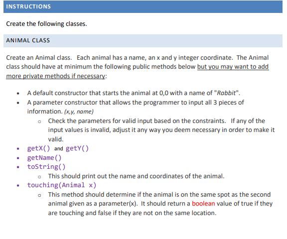 Solved INSTRUCTIONS Create the following classes. ANIMAL | Chegg.com