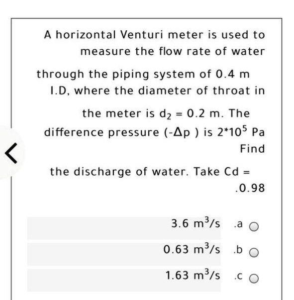 Solved A horizontal Venturi meter is used to measure the | Chegg.com