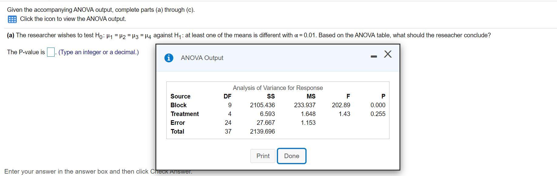 Solved Given the accompanying ANOVA output, complete parts | Chegg.com