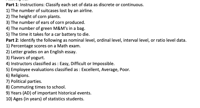 Solved Part 1: Instructions: Classify each set of data as | Chegg.com
