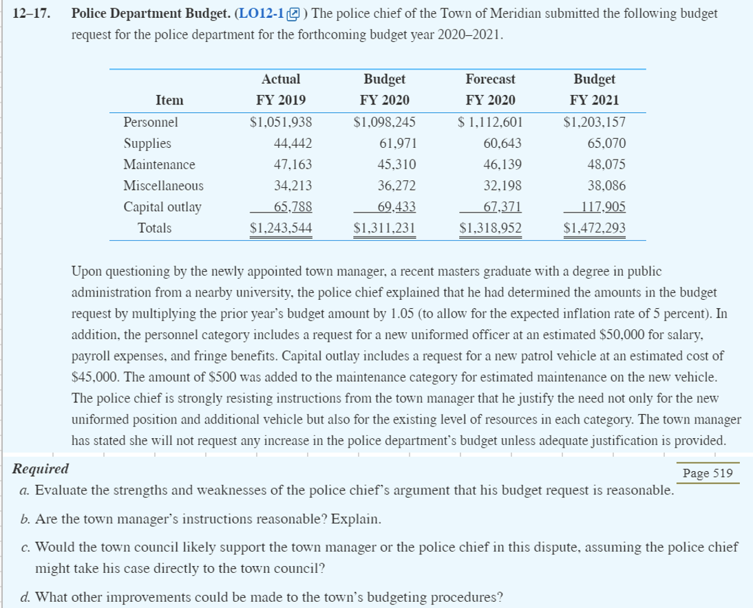 Solved 12-17. Police Department Budget. (LO12-1 ) The police | Chegg.com