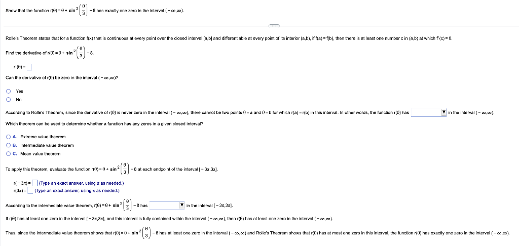 Solved Show that the function r(θ)=θ+sin2(3θ)−8 has exactly | Chegg.com