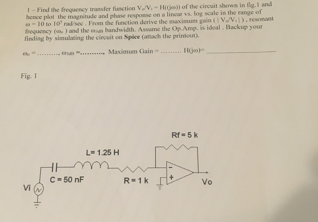 1 - Find the frequency transfer function V/V; = | Chegg.com