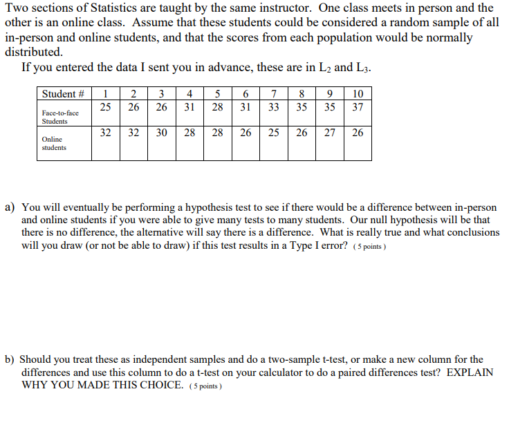 Solved Two sections of Statistics are taught by the same | Chegg.com