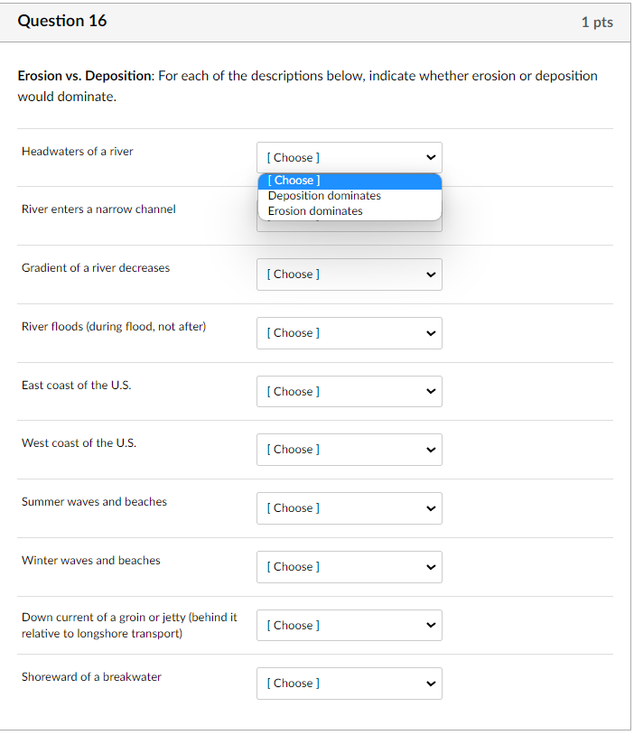 Solved Erosion vs. Deposition: For each of the descriptions | Chegg.com