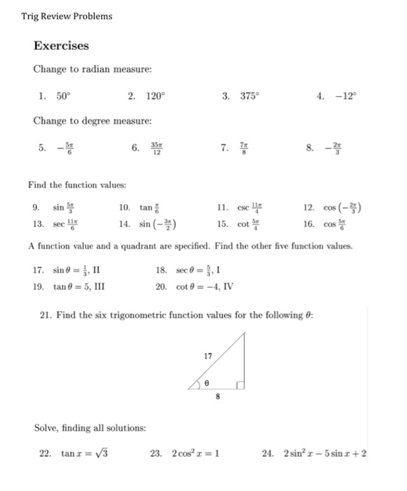 Solved Trig Review Problems Exercises Change to radian | Chegg.com