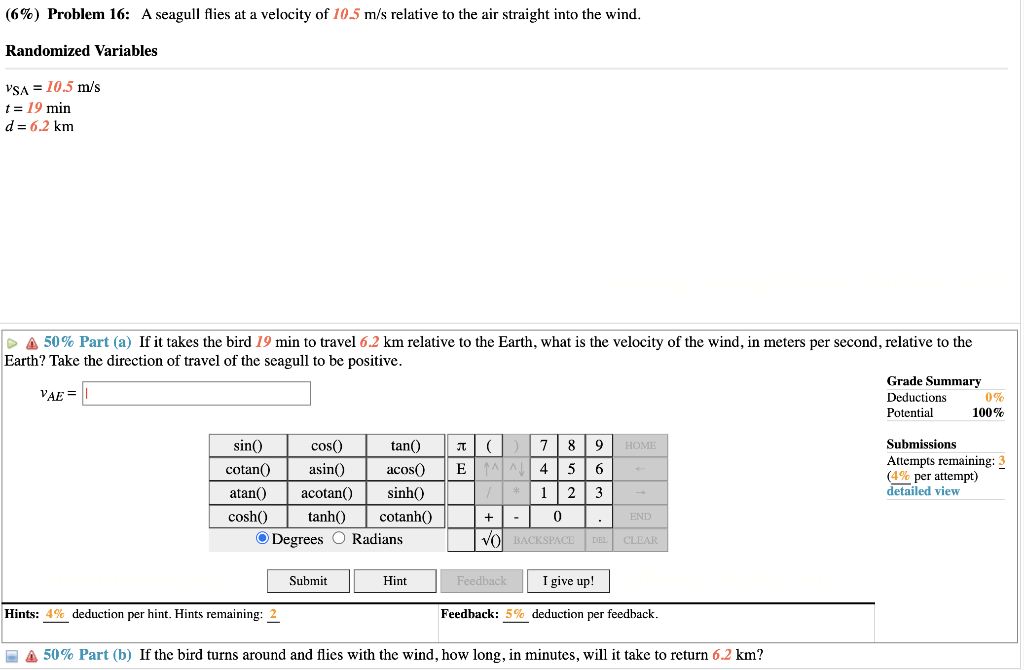 Solved (6\%) Problem 16: A seagull flies at a velocity of | Chegg.com