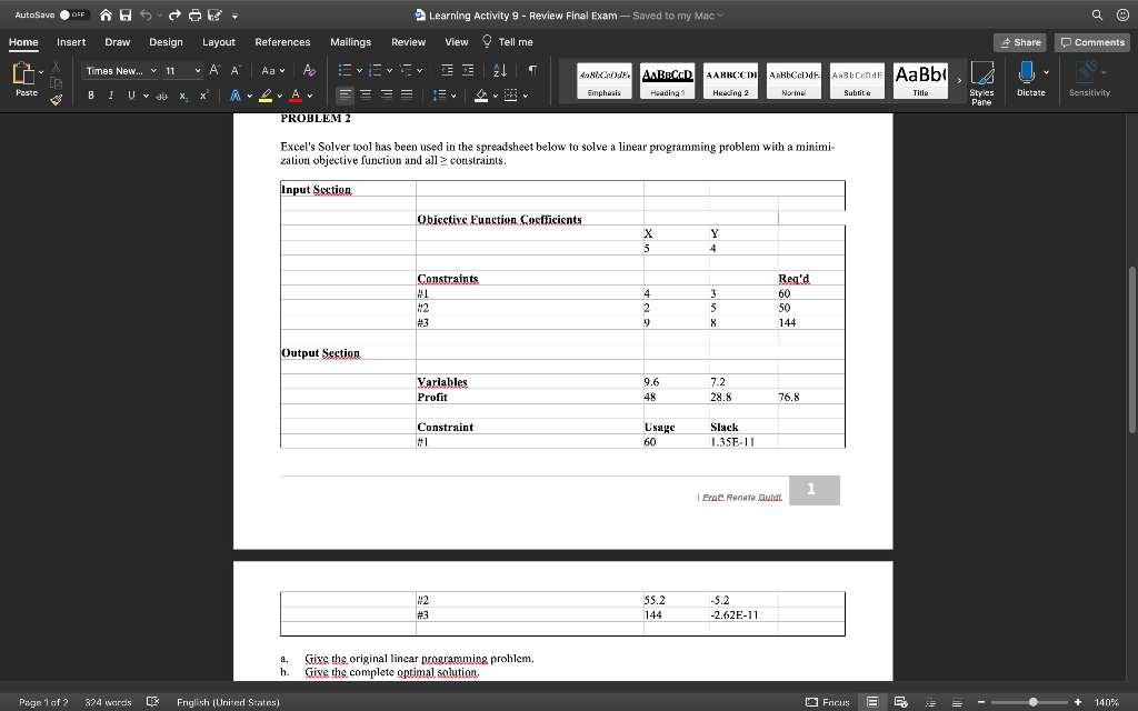 Solved AutoSave OFF A Learning Activity 9 - Review Final | Chegg.com