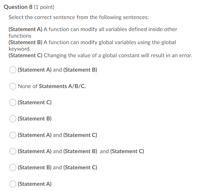 Solved Question 8 (1 point) Select the correct sentence from | Chegg.com