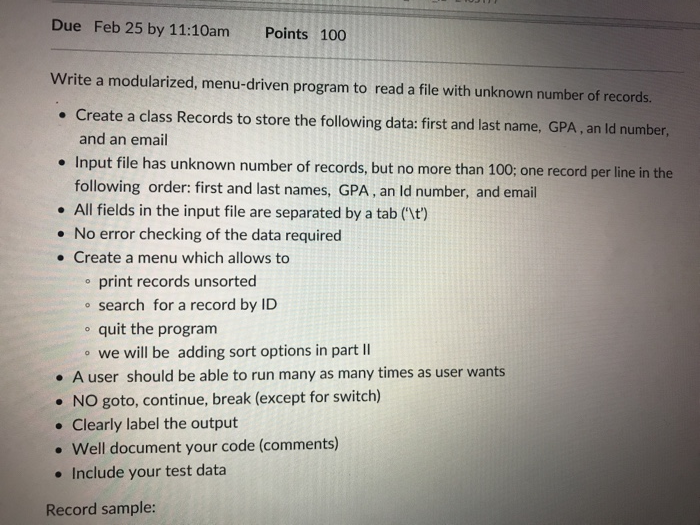 Solved Due Feb 25 by 11:10am Points 100 Write a modularized, | Chegg.com