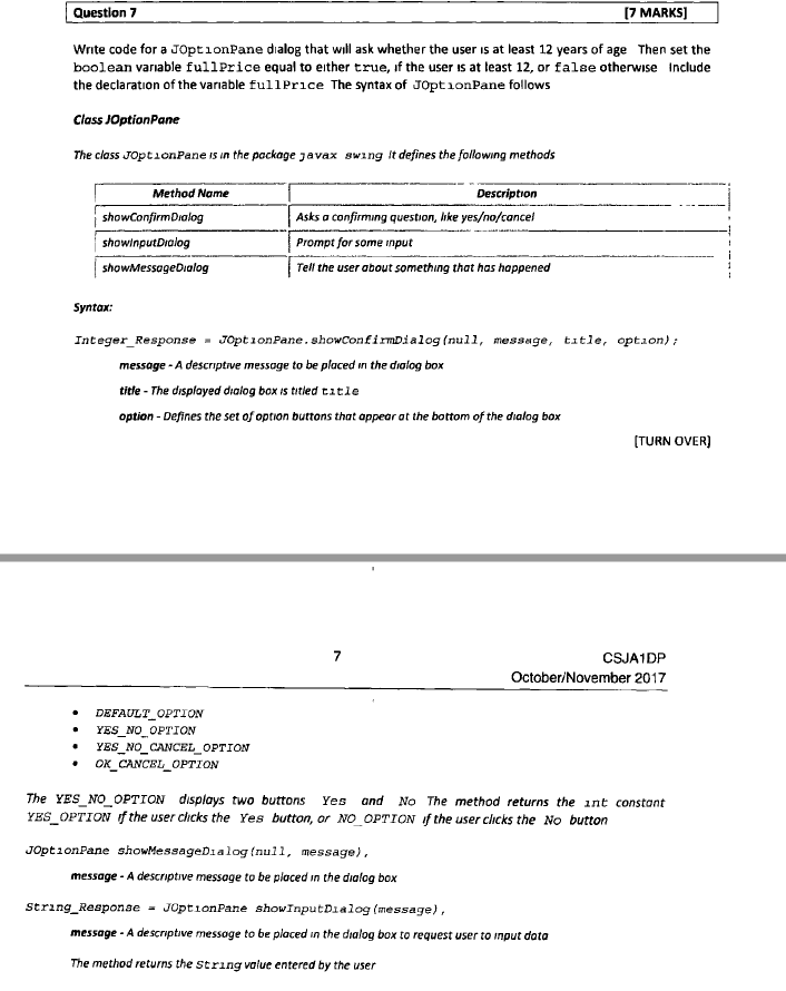 Solved Question 7 [7 MARKS) Write code for a JOptionPane | Chegg.com