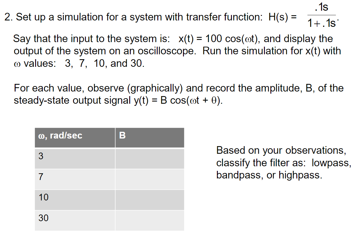 Solved .1s 2. Set up a simulation for a system with transfer | Chegg.com