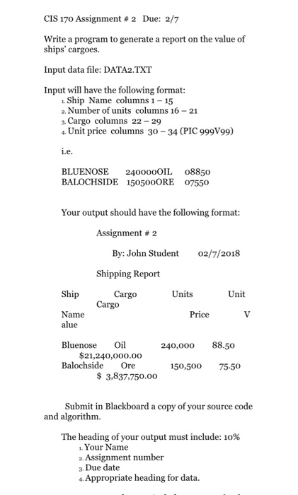 CIS 170 Assignment # 2 Due: 2/7 Write a program to | Chegg.com