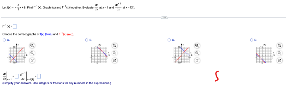 Solved Let f(x)=−98x+8. Find f−1(x). Graph f(x) and f−1(x) | Chegg.com