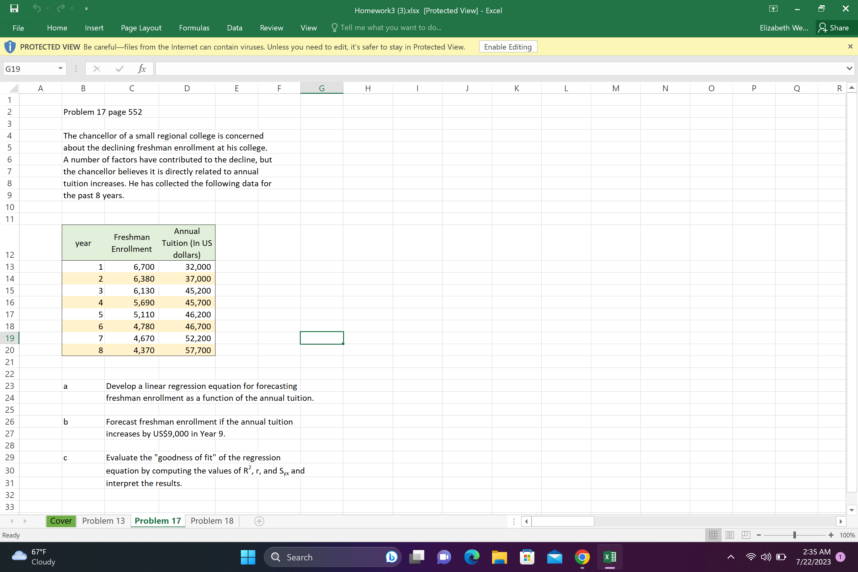 Solved Homework3 (3).xIsx [Protected View] - Excel File Home | Chegg.com