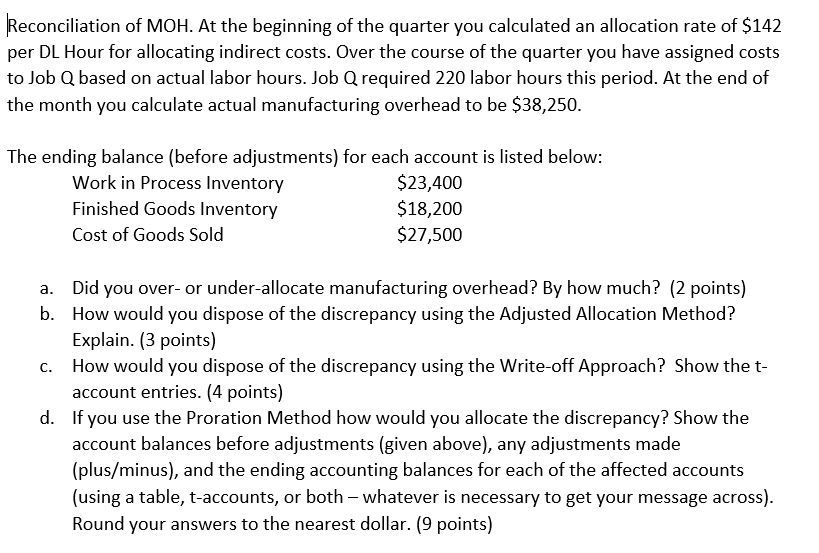 Solved Reconciliation of MOH. At the beginning of the | Chegg.com