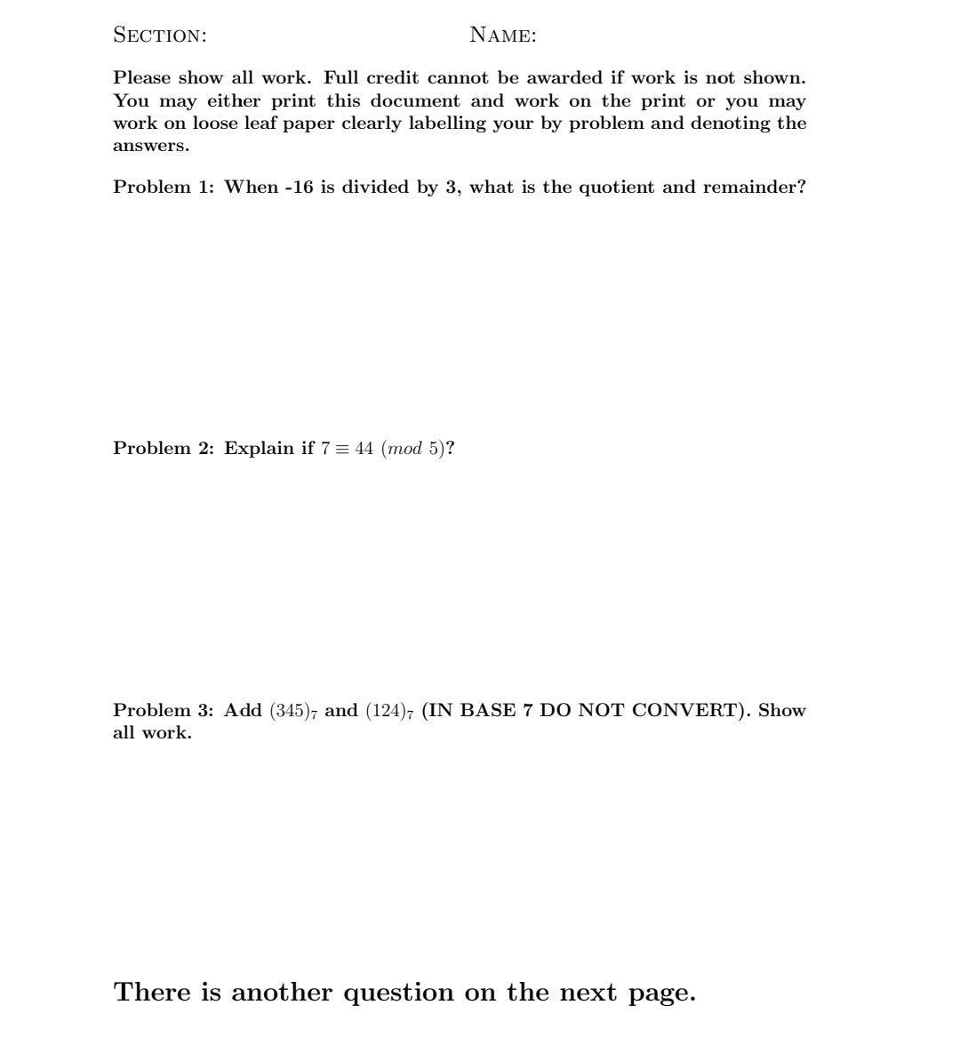Solved SeCtion: NAME: Please show all work. Full credit | Chegg.com