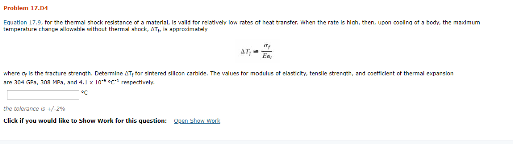 Solved Problem 17.D4 Equation 17.9, for the thermal shock | Chegg.com