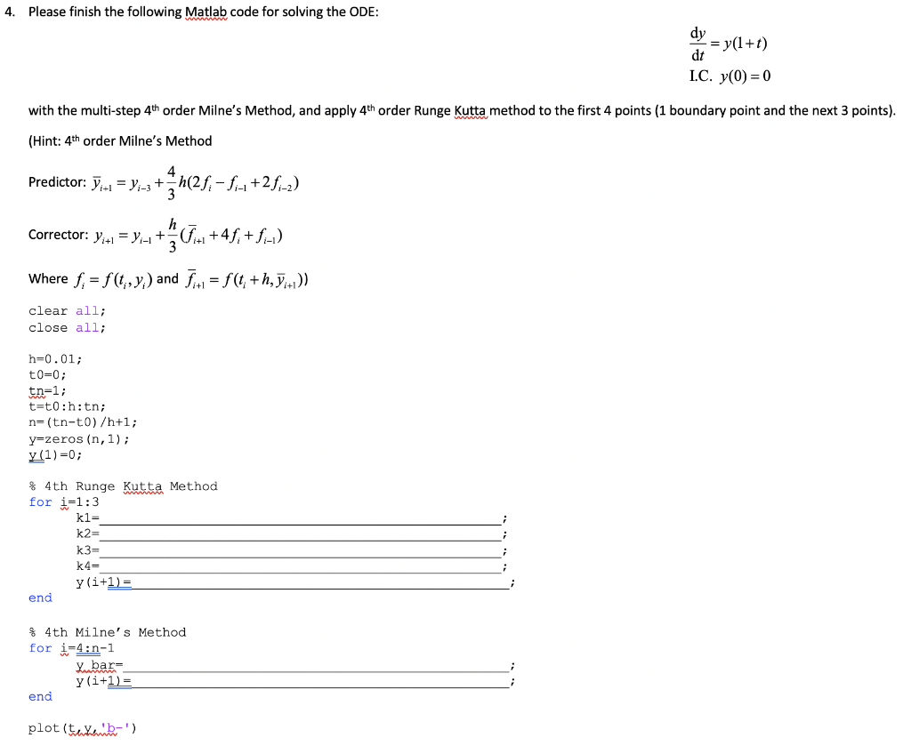 Solved 4. Please finish the following Matlab code for | Chegg.com