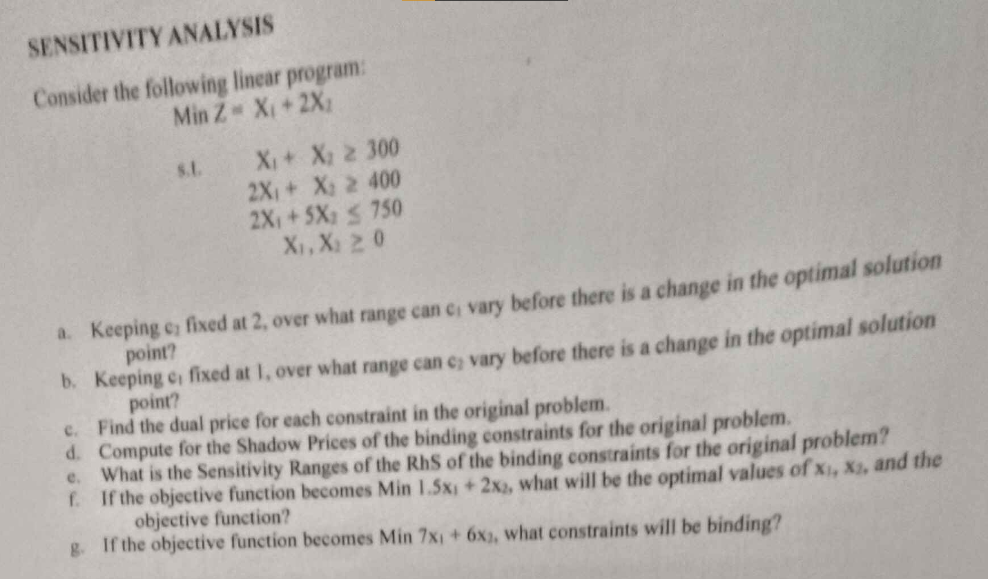 Solved SENSITIVITY ANALYSISConsider the following linear | Chegg.com