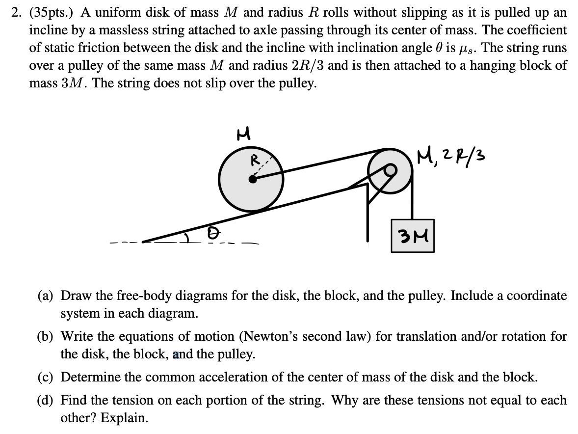 Solved 2. (35pts.) A uniform disk of mass M and radius R | Chegg.com