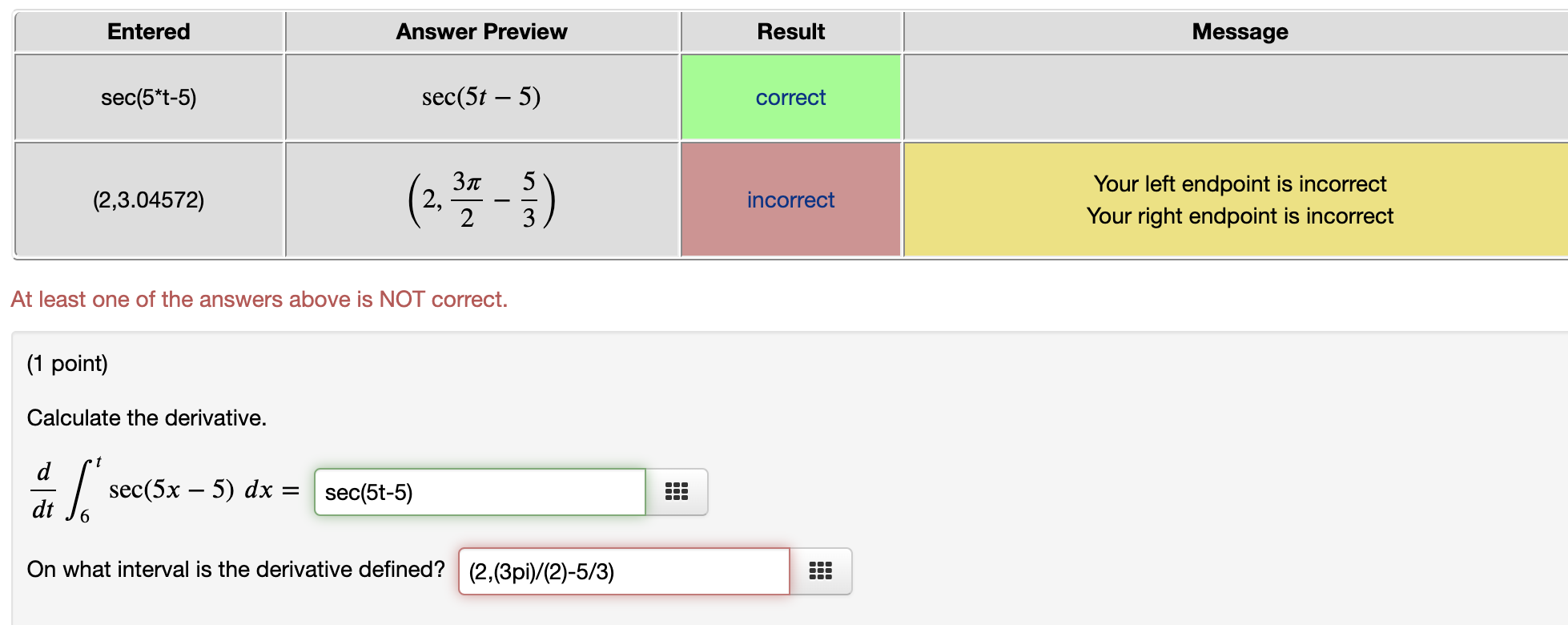 Solved Entered Answer Preview Result Message sec(5*t-5) | Chegg.com