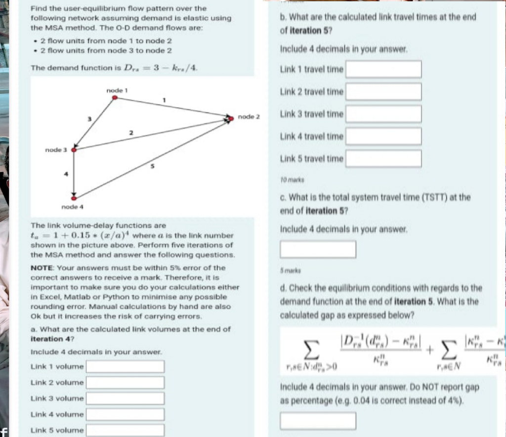 Find the user equilibrium flow pattern over the | Chegg.com